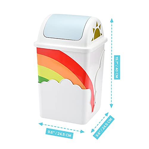 Rainbow Trash Can (1-Pack) - Cute Waste Basket for Kids Room - 9.6βx9.6βx15.7β Indoor Swing Top Trash Can with Lid - Garbage Can for School & Daycare - Swivel Touchless Garbage Cans - For Baby Nursery and Rainbow Themed Room Rainbow Baby Shower