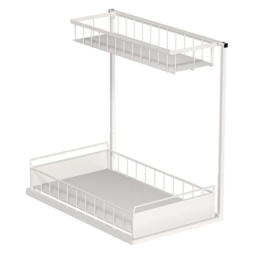 Under Sink Organizers and Storage, Pull Out Cabinet Organizer with Sliding Shelf 2 Tier Under Cabinet Storage Multi-purpose for Under Kitchen Bathroom Cabinet Organizer (White)