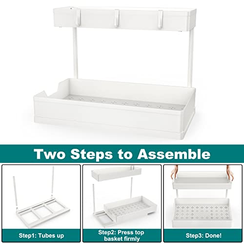 IRONBOX Under Sink Organizer, 2 Pack Pull Out Cabinet Bathroom Organizer L-shape Slide Out Sliding Shelf Under Cabinet Storage for Kitchen Bathroom Sink Organizers and Storage (2 Pack White)