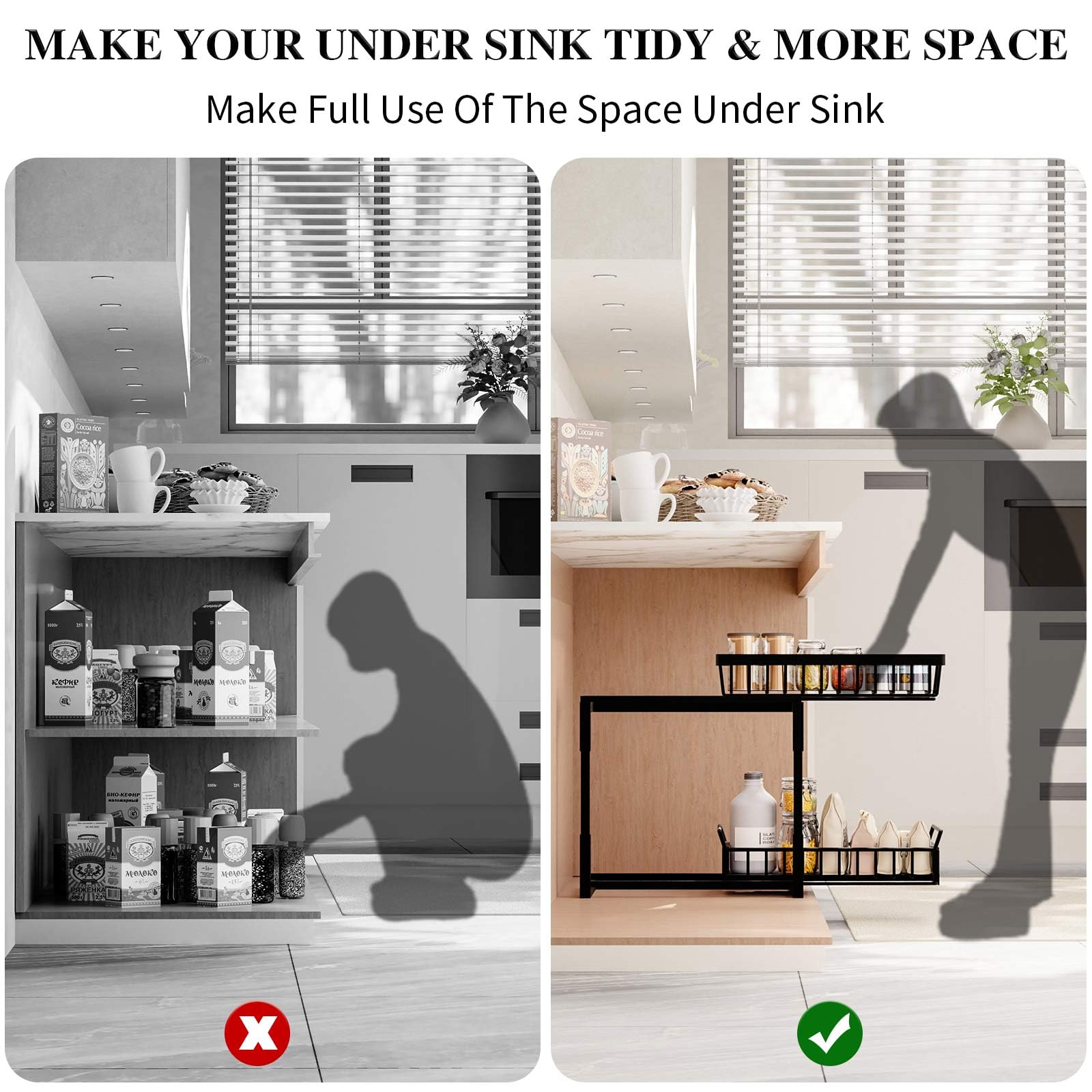 MEIJIA Double Sliding Cabinet Organizer Drawer, 2 Tier Pull Out Under Sink Organizers And Storage Bathroom And Kitchen, Metal L-Shaped Under Cabinet Organizer And Storage - White