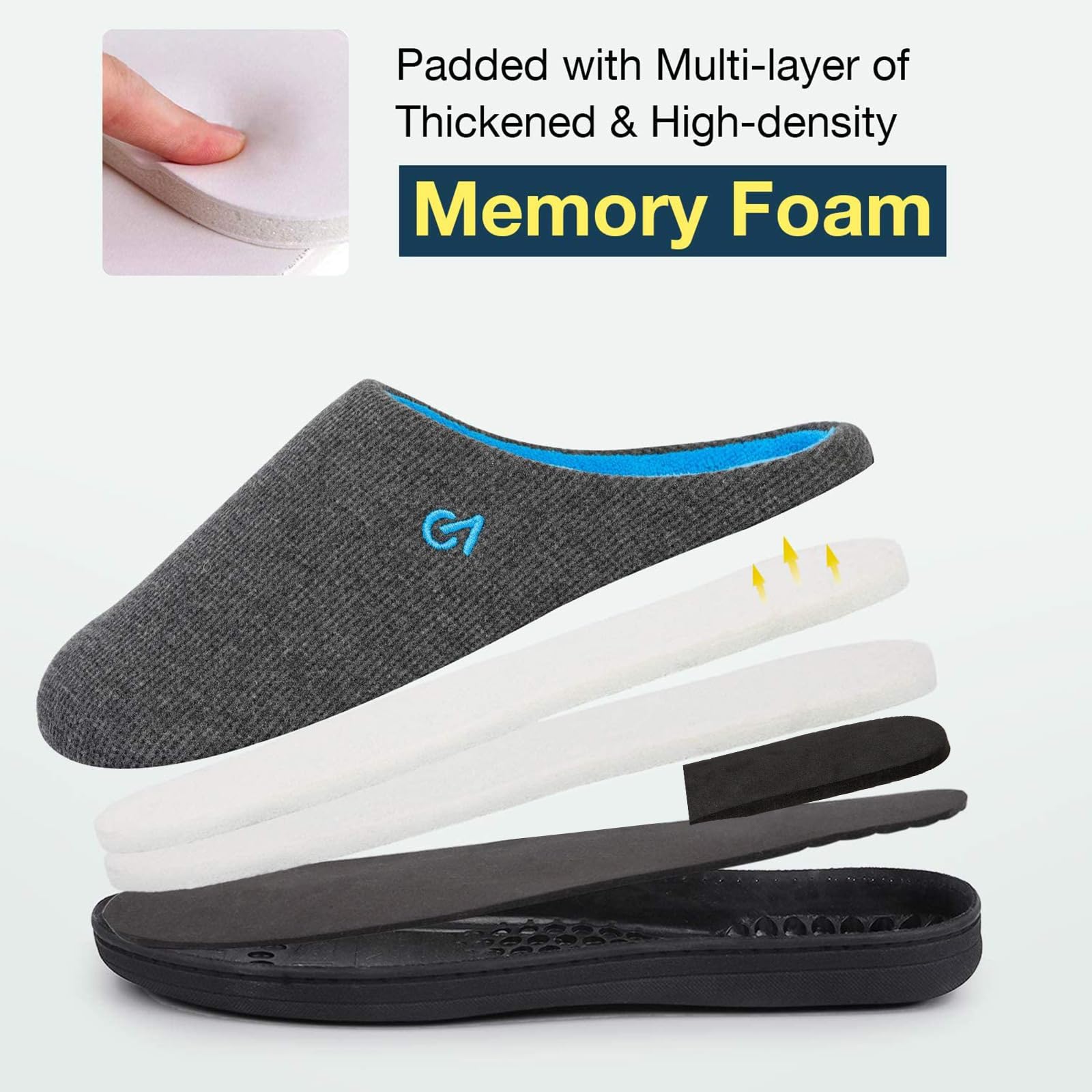 VeraCosy Men's Two-Tone Memory Foam House Slippers Indoor Outdoor Durable Rubber Sole (Dark Gray/Blue, 9-10 US)