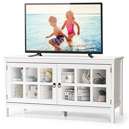 KOTEK Wooden TV Stand for TVs up to 50'', TV Console with Storage, Glass Doors & Adjustable Shelves, Modern Entertainment Center for Living Room (White)