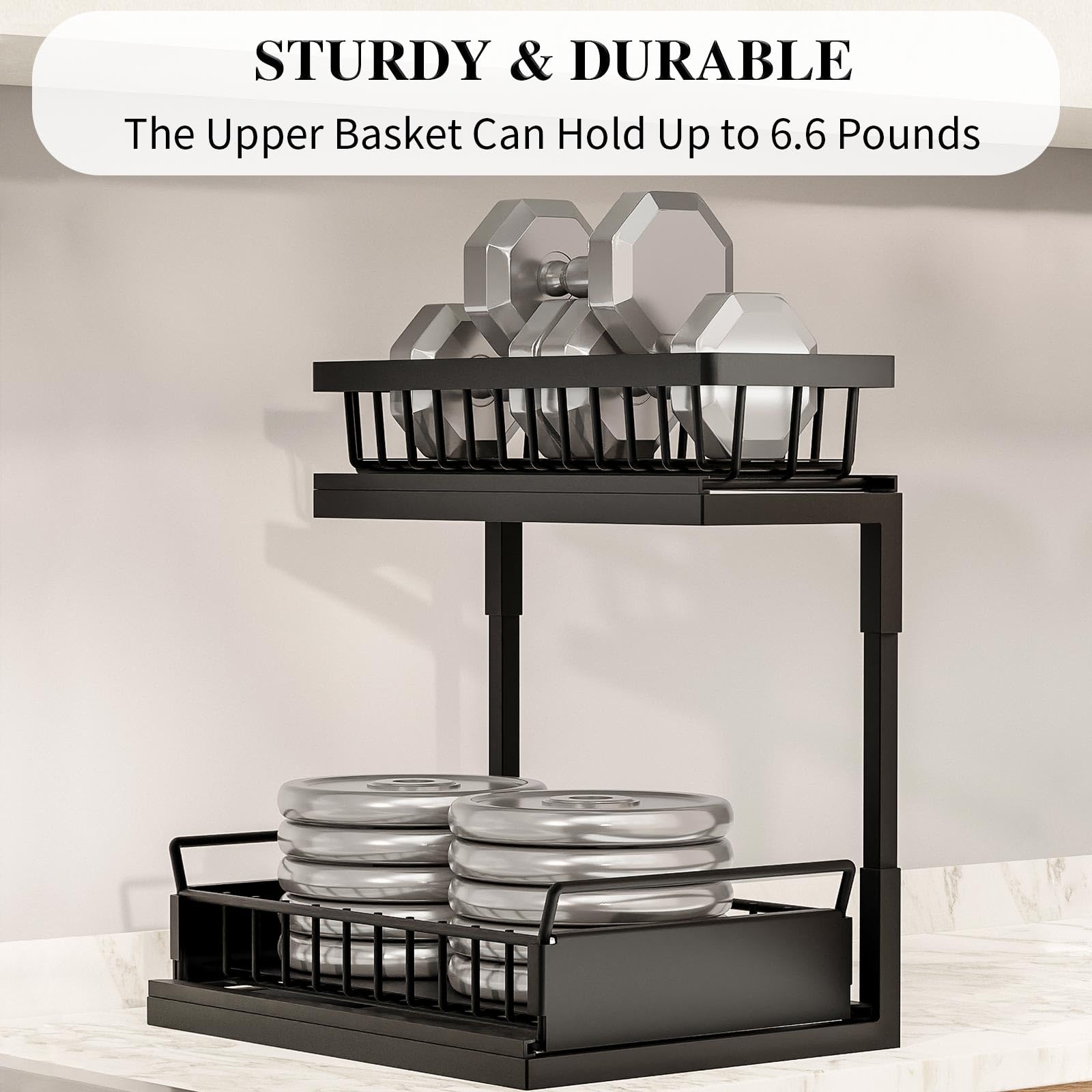 MEIJIA Double Sliding Cabinet Organizer Drawer, 2 Tier Pull Out Under Sink Organizers And Storage Bathroom And Kitchen, Metal L-Shaped Under Cabinet Organizer And Storage - White