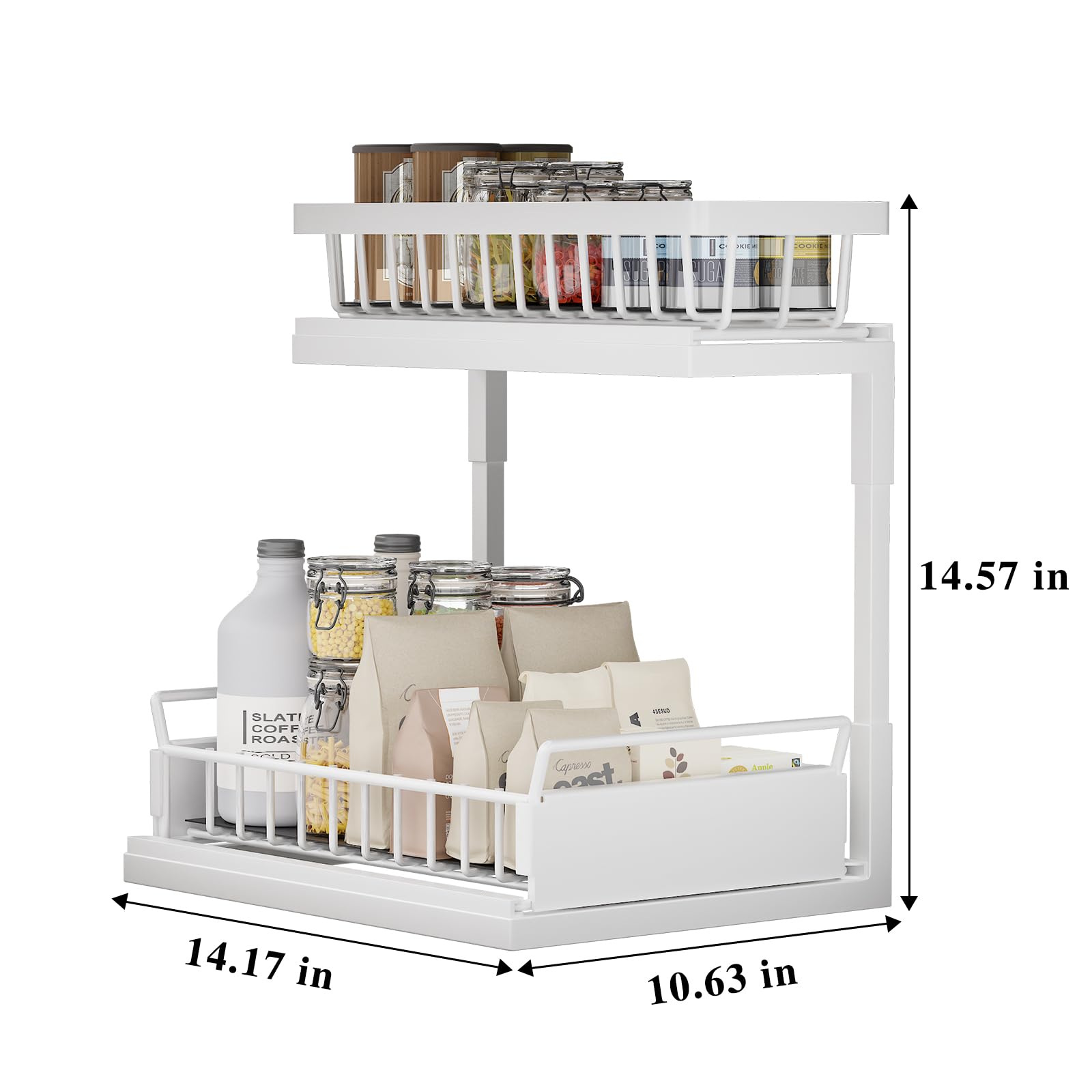 MEIJIA Double Sliding Cabinet Organizer Drawer, 2 Tier Pull Out Under Sink Organizers And Storage Bathroom And Kitchen, Metal L-Shaped Under Cabinet Organizer And Storage - White