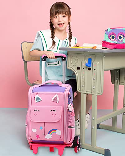 Tanou Girls Rolling Backpack with 6 Wheels, 16 Inch Lightweight Roller Backpacks for Girls Elementary, Carry-on Wheeled Backpack for School Travel, Over 4 Years Old, Pink Purple