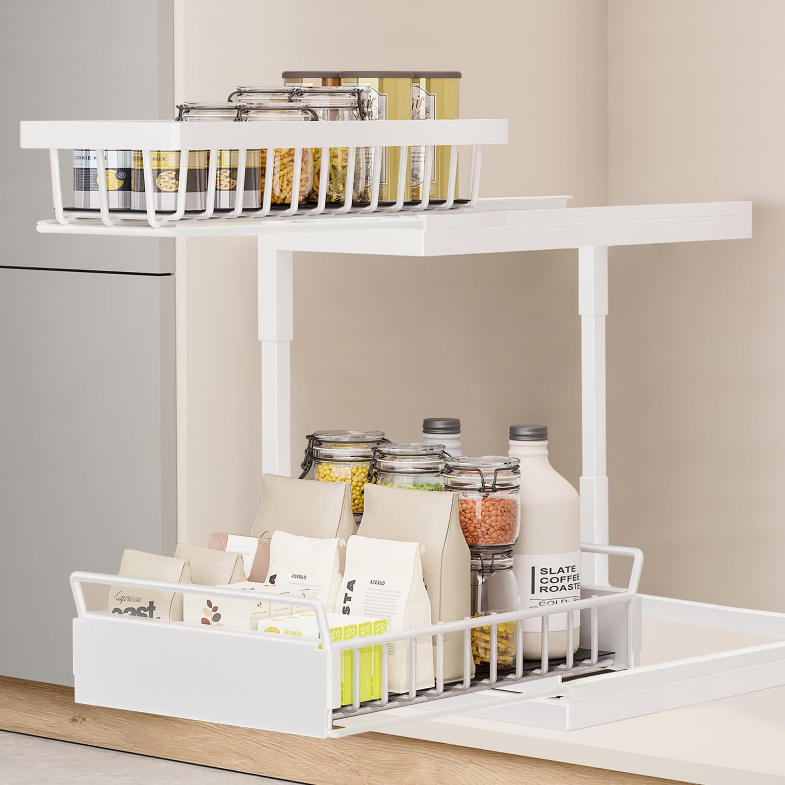 MEIJIA Double Sliding Cabinet Organizer Drawer, 2 Tier Pull Out Under Sink Organizers And Storage Bathroom And Kitchen, Metal L-Shaped Under Cabinet Organizer And Storage - White