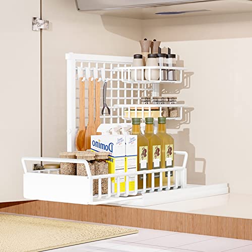Under Sink Organizer,3-Tier Metal Pull Out Kitchen Cabinet Organizer Freely Adjustable,No Drilling Rustpro of Stainless Steel,Sturdy Multi-Functional for Kitchen Bathroom Organization (White)