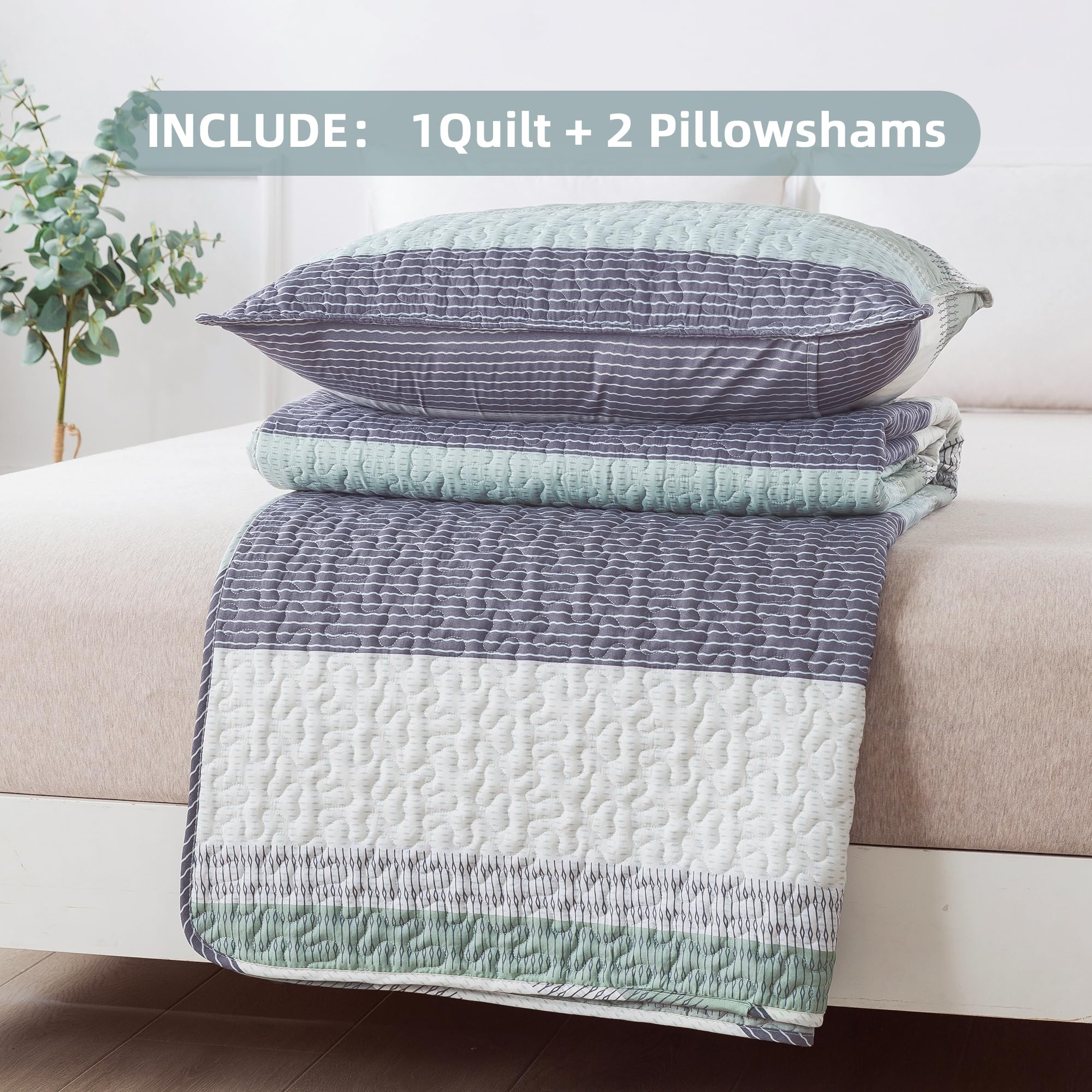 Andency Stripe Quilt Set Twin(68x86Inch), 2 Pieces (1 Striped Quilt and 1 Pillowcase) Mint Green Patchwork Striped Bedspread Coverlet Set, Soft Microfiber Stitched Quilt Bedding Set