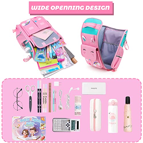 Tanou Girls Rolling Backpack with 6 Wheels, 16 Inch Lightweight Roller Backpacks for Girls Elementary, Carry-on Wheeled Backpack for School Travel, Over 4 Years Old, Pink Purple