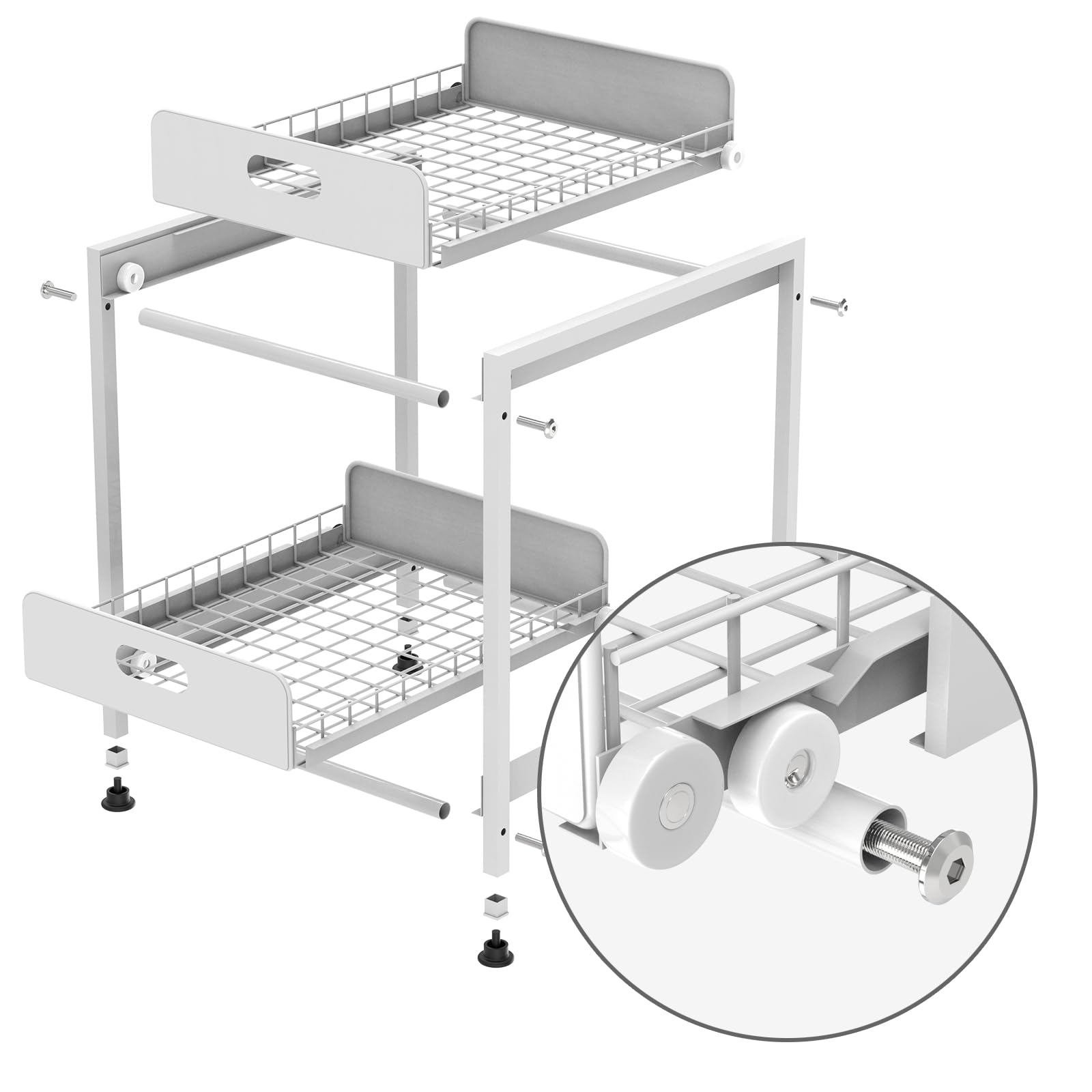 IncepKick Under Sink Organizer and Storage for Kitchen Bathroom 2 Tier Slide Out Under Sink Shelf Cabinet Storage Shelf Under Sink Storage Metal (White)