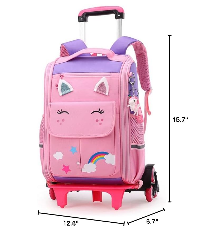 Tanou Girls Rolling Backpack with 6 Wheels, 16 Inch Lightweight Roller Backpacks for Girls Elementary, Carry-on Wheeled Backpack for School Travel, Over 4 Years Old, Pink Purple
