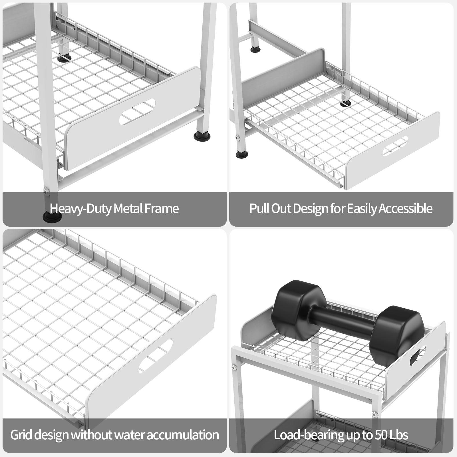 IncepKick Under Sink Organizer and Storage for Kitchen Bathroom 2 Tier Slide Out Under Sink Shelf Cabinet Storage Shelf Under Sink Storage Metal (White)