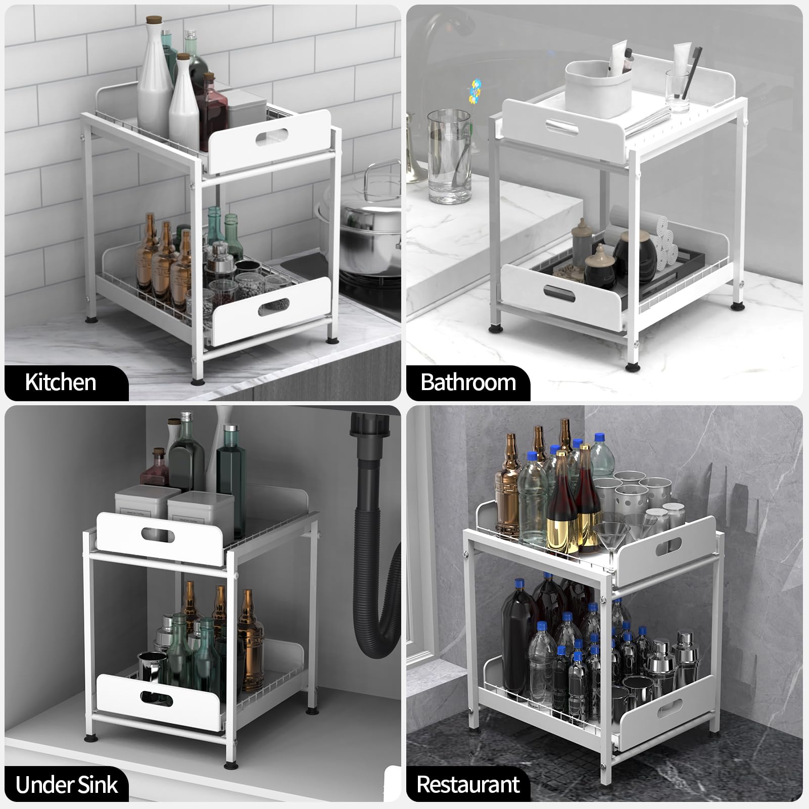 IncepKick Under Sink Organizer and Storage for Kitchen Bathroom 2 Tier Slide Out Under Sink Shelf Cabinet Storage Shelf Under Sink Storage Metal (White)