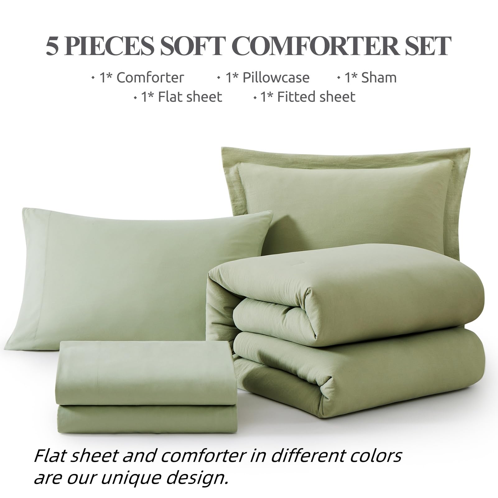 WRENSONGE Twin Comforter Set- 5 Pieces Sage Green Bed in a Bag, All Season Twin XL Bedding Sets with 1 Fitted Sheet, 1 Flat Sheet, 1 Pillow Sham and 1 Pillowcase