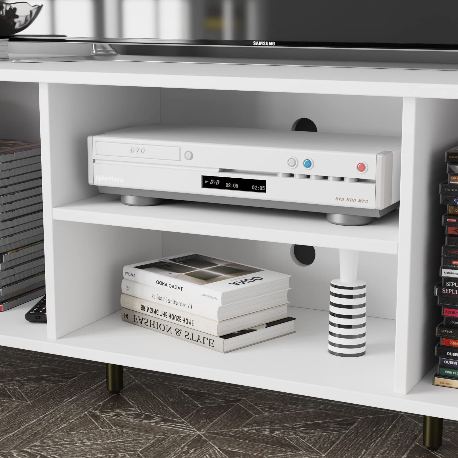 AIEGLE TV Stand with Storage, Modern 69" Gaming Entertainment Center with 2 Doors, Wood Media Stand for for 65/70/75 Inch TV, TV Console Table for Living Room, White