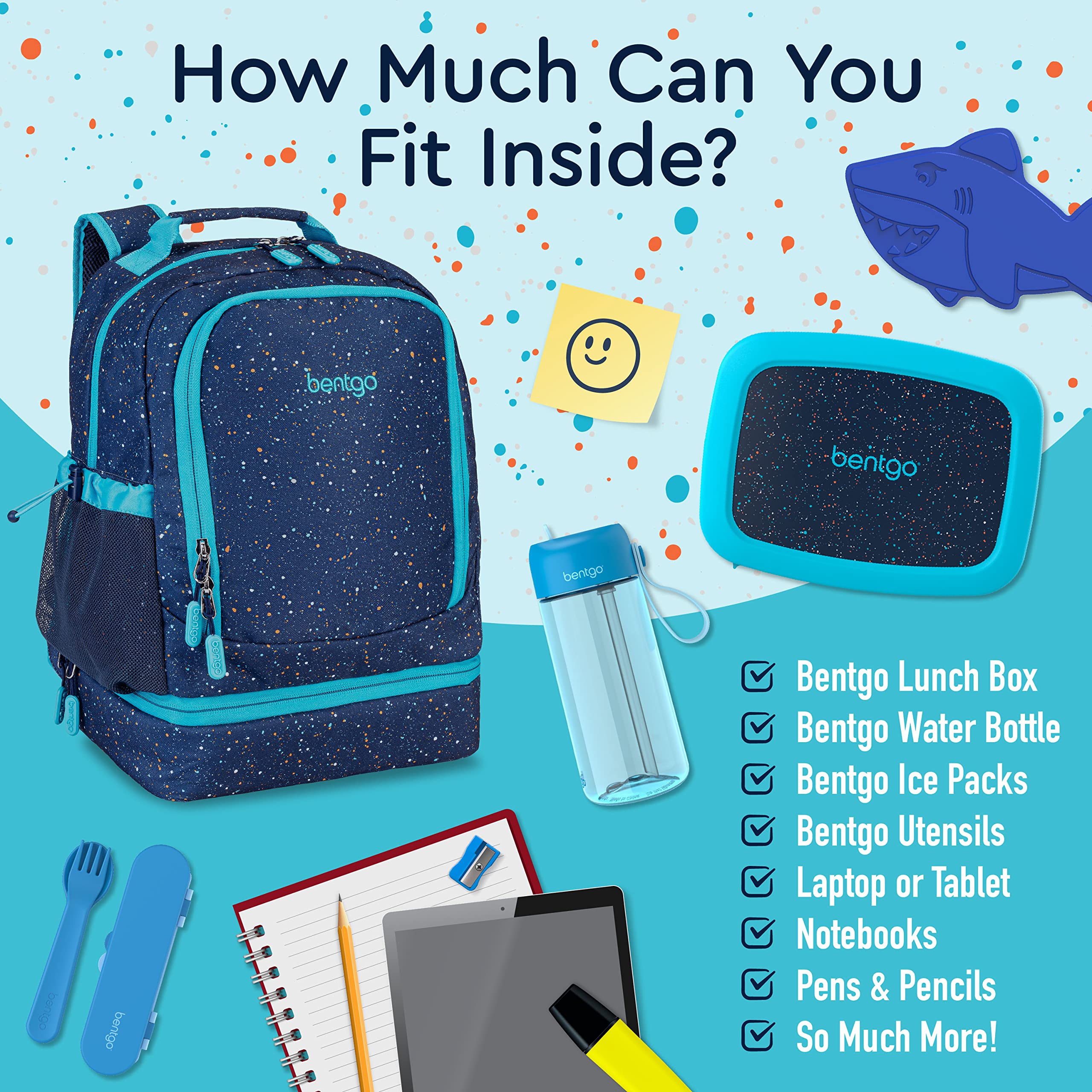 Bentgo Kids 2-in-1 Backpack & Insulated Lunch Bag - Confetti Designed 16” Backpack for School & Travel -, Durable, Water Resistant, Padded, & Large Compartments (Confetti Edition - Abyss Blue)