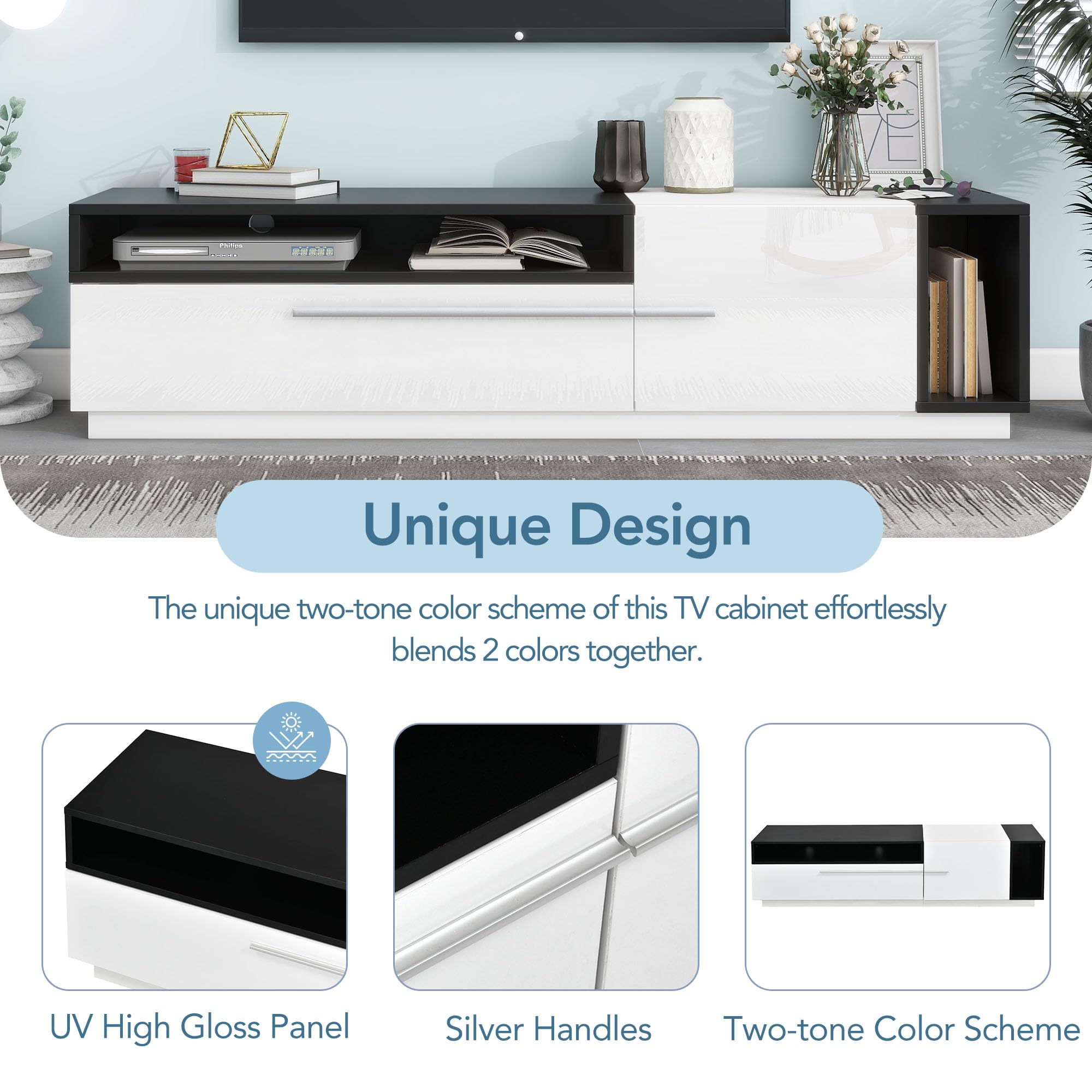 Merax Two-Tone Design Stand with Silver Handles, UV High-Gloss Media Console for Television Up to 70", Chic Style TV Storage Cabinet for Living Room, 66.8 inch Length, White