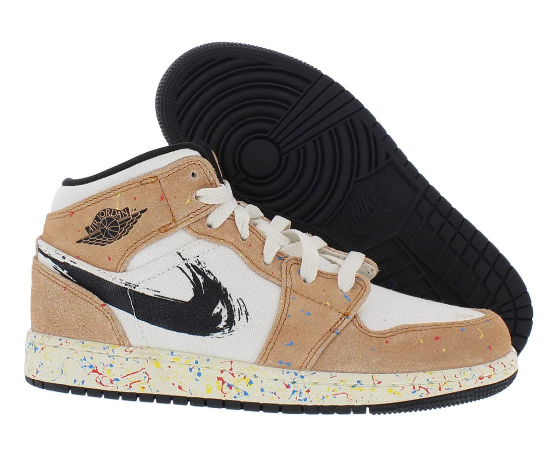Nike Jordan Youth Air Jordan 1 Mid SE GS DA8006 100 Brushstroke - Size 7Y, Sail/Black-cide-chile Red