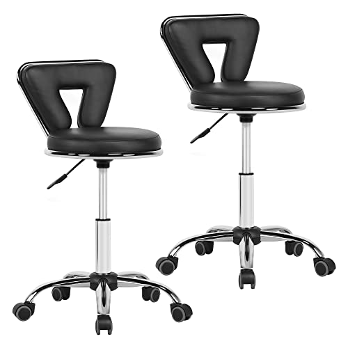 Yaheetech Rolling Swivel Salon Stool Chair Height Adjustable Home Spa Massage Manicure Facial Stool with Backrest and Wheels Black - 2PCS