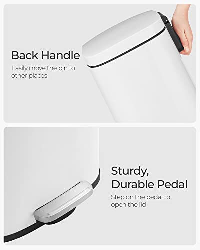 SONGMICS 8-Gallon Trash Can, Stainless Steel, with Hinged Lid, Plastic Inner Bucket, Soft Closure, Odor Proof, Hygienic, White