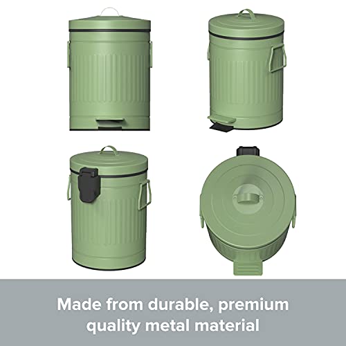 Retro Trash Can with Lid - 5L/1.3 Gal Step Trash Can w/ Soft Closing Lid - Round Garbage Can w/ Handles - Touchless Trash Can w/ Removable Garbage Guard Bucket - Outdoor Garbage Bin - Small Trash Can, Green