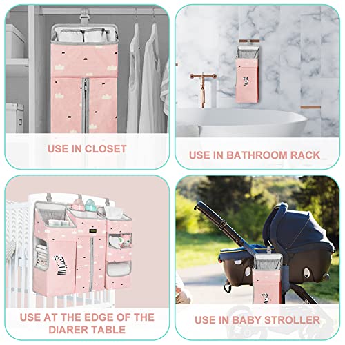 NGORAY Hanging Baby Diaper Caddy Organizers for Crib - 3-in-1 Diaper Stacker for Changing Table Nursery Organization Storage Holder for Baby Essentials Attachment Portable Combining Clothing (Pink)