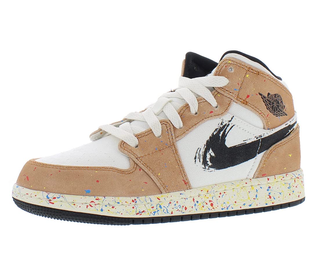 Nike Jordan Youth Air Jordan 1 Mid SE GS DA8006 100 Brushstroke - Size 7Y, Sail/Black-cide-chile Red