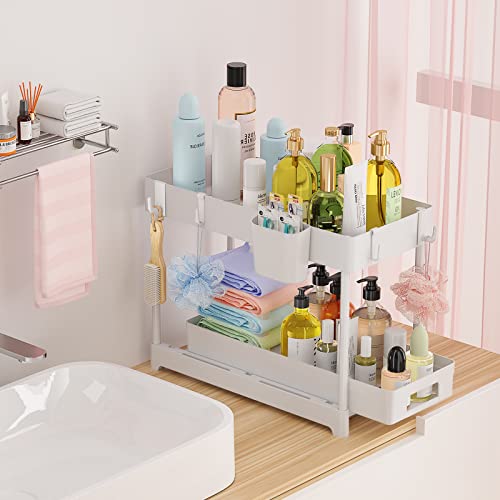 XEAPOMS Under Sink Organizers and Storage, 2 Pack Multi-Purpose Under Sink Organizer with Sliding Storage Drawer, 8 Hooks & 2 Hanging Cups, 2 Tier Under Sink Storage for Cabinet Bathroom Kitchen,White