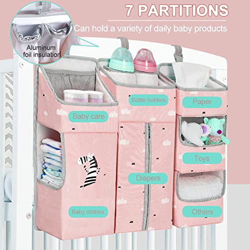 NGORAY Hanging Baby Diaper Caddy Organizers for Crib - 3-in-1 Diaper Stacker for Changing Table Nursery Organization Storage Holder for Baby Essentials Attachment Portable Combining Clothing (Pink)