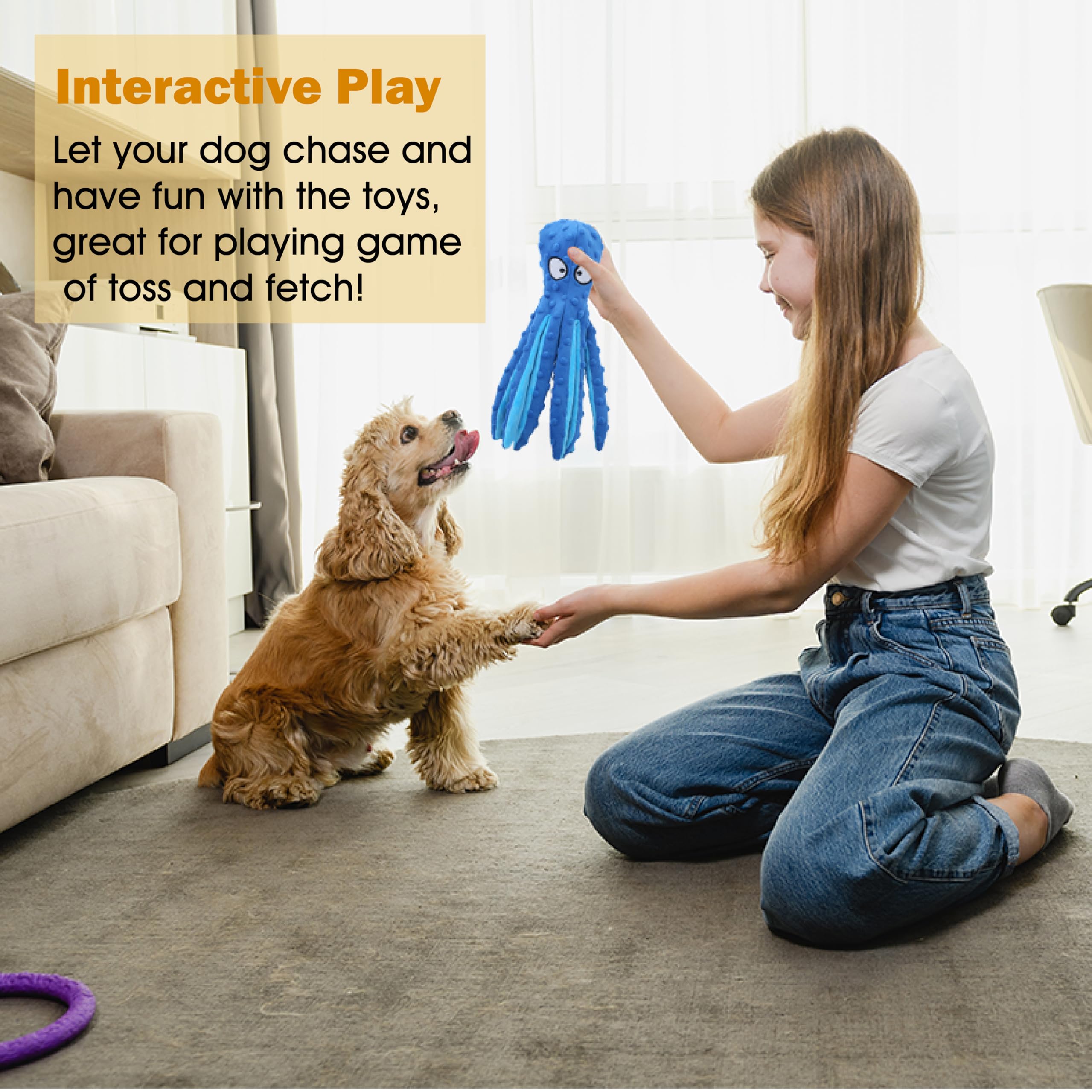 CPYOSN Dog Squeaky Toys Octopus - No Stuffing Crinkle Plush Dog Toys for Puppy Teething, Durable Interactive Dog Chew Toys for Small, Medium and Large Dogs Training and Reduce Boredom, 2 Pack