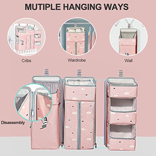 NGORAY Hanging Baby Diaper Caddy Organizers for Crib - 3-in-1 Diaper Stacker for Changing Table Nursery Organization Storage Holder for Baby Essentials Attachment Portable Combining Clothing (Pink)