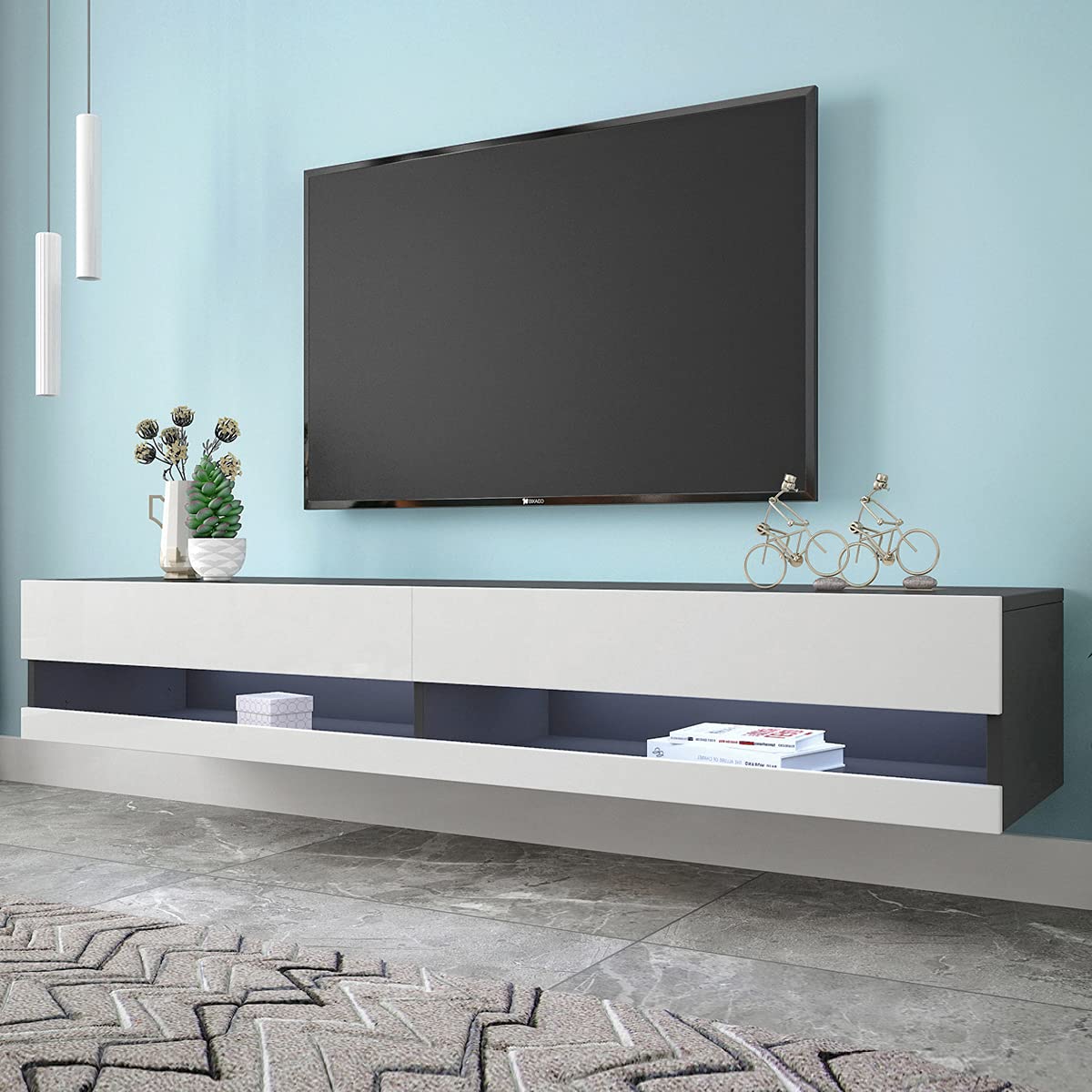 Knocbel Floating TV Shelf, LED Wall Mounted Media Console Cabinet Components Shelves Television Stand, Double Doors with Cable Holes, 110Lbs Weight Capacity, 70.9"L x 16.5"W x 11.8"H (White W/ Black)