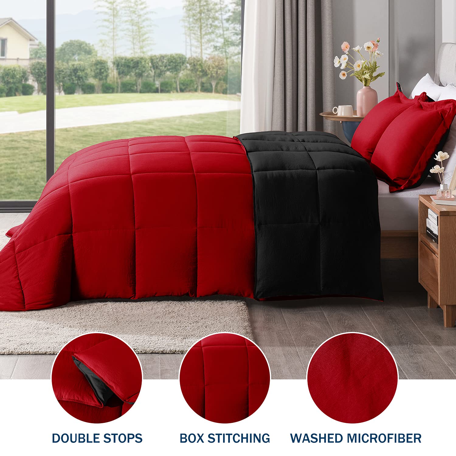 LOVTEX 2PCS Twin Size Comforter Sets - Ultra Soft Washed Microfiber Comforter Sets for Twin Size Bed - Reversible Down Alternative Comforter with 1 Pillow Sham(Red/Black)
