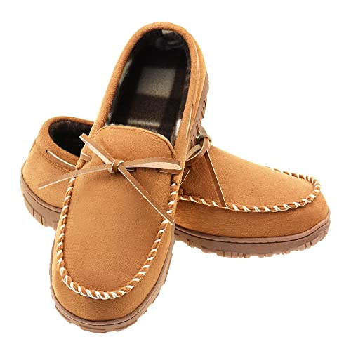 Lulex Mens Moccasin Slippers Memory Foam Indoor Outdoor House Shoes with Hard Sole Beige Size 10