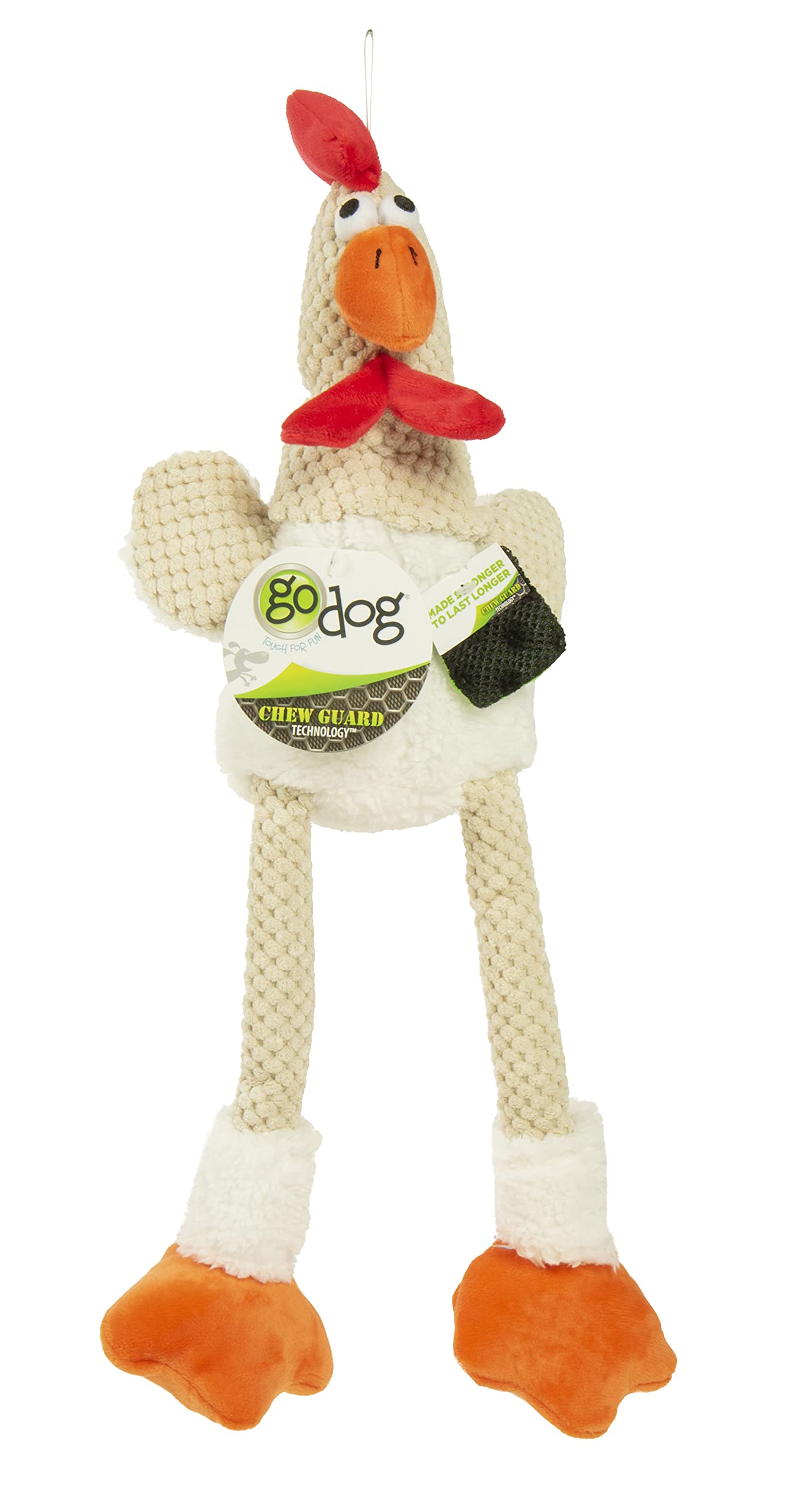 goDog Checkers Skinny Rooster Squeaky Plush Dog Toy, Chew Guard Technology - White, Large