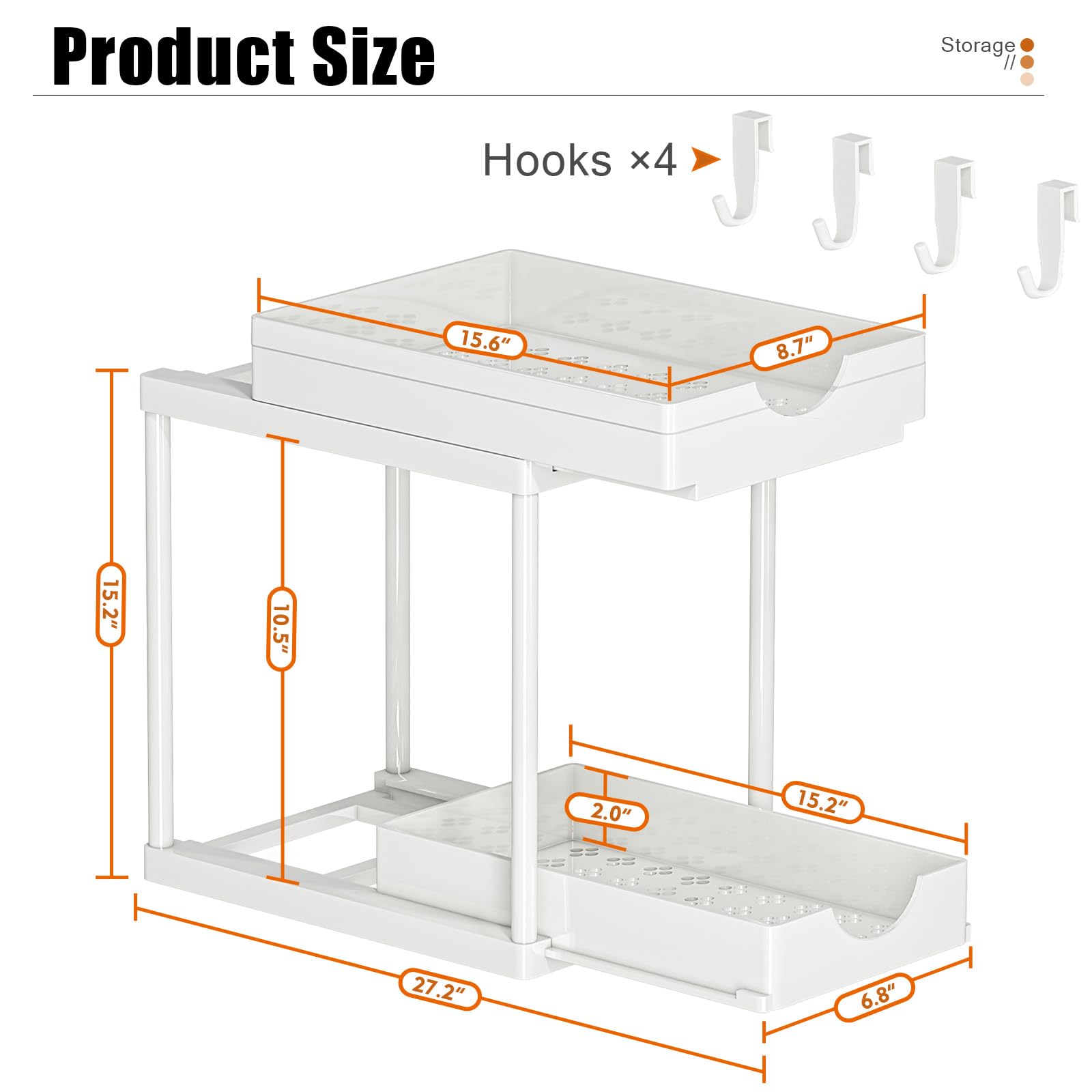 ARSTPEOE 2 Pack Double Sliding Under Sink Organizers and Storage,Two Tier Bathroom Storage and Organization,Under Cabinet Organizer with Hooks,Home Organization,White