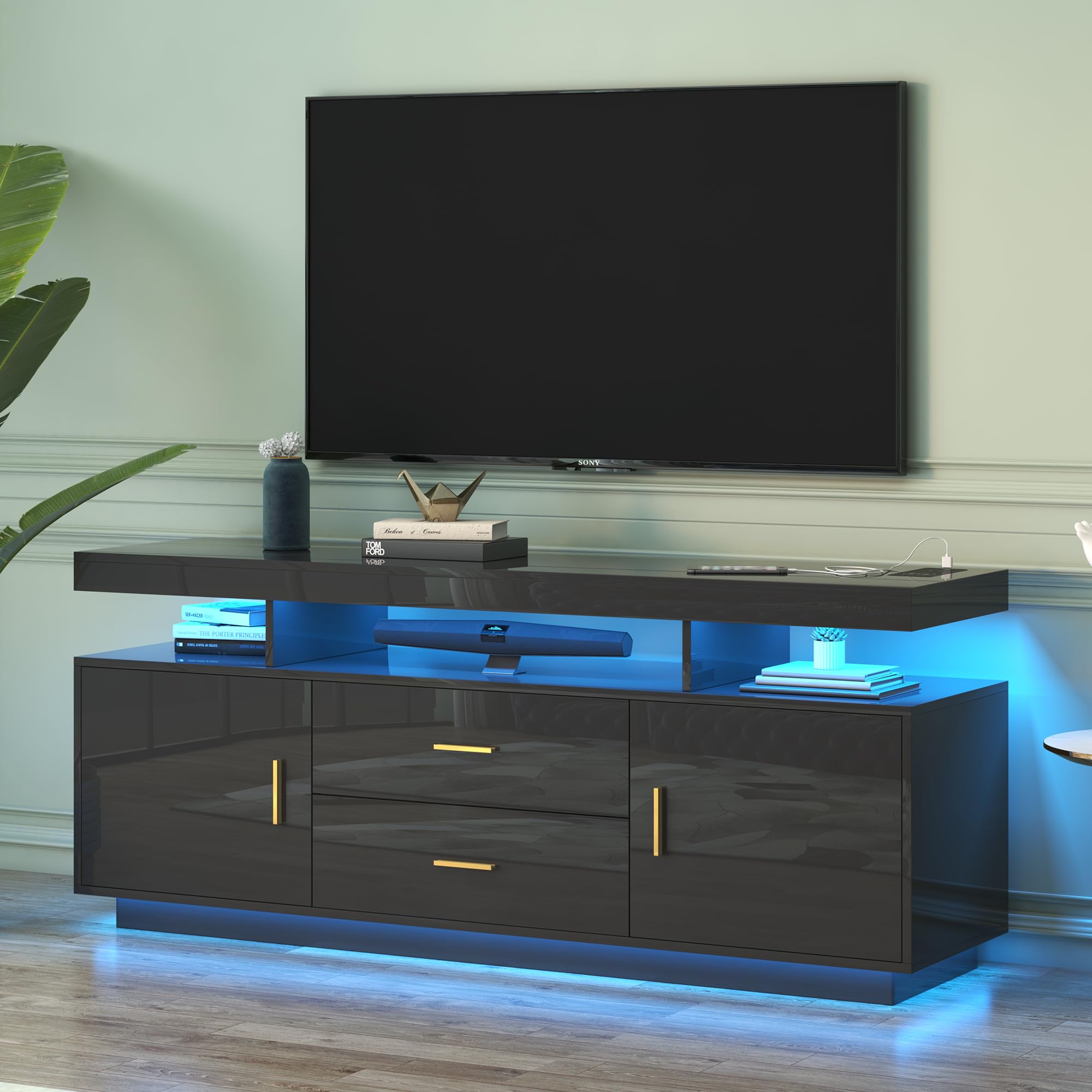 LVSOMT High Gloss Entertainment Center with 3-Colors Lighting, LED Modern TV Stand for 65+ inch TV, Home Storage Cabinet, Console Media Cabinet for Living Room (Pearl Black)