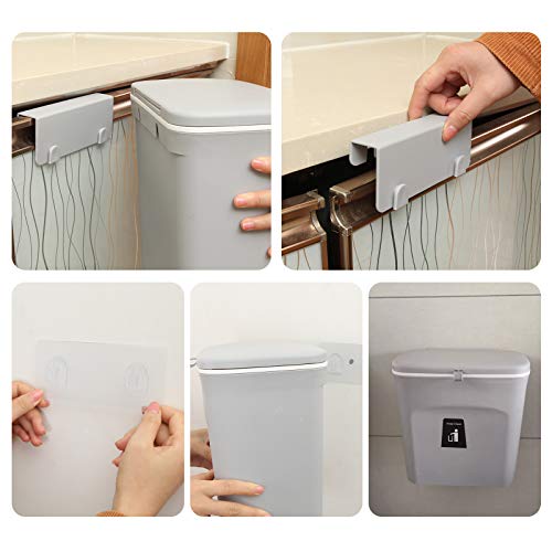 ZOEYES 2.4 Gal Hanging Trash Can for Kitchen Cabinet Door, Small Under Sink Hanging Garbage Can with Lid, Wall-Mounted Waste Bin for Bathroom Bedroom Office Kitchen (Gray)