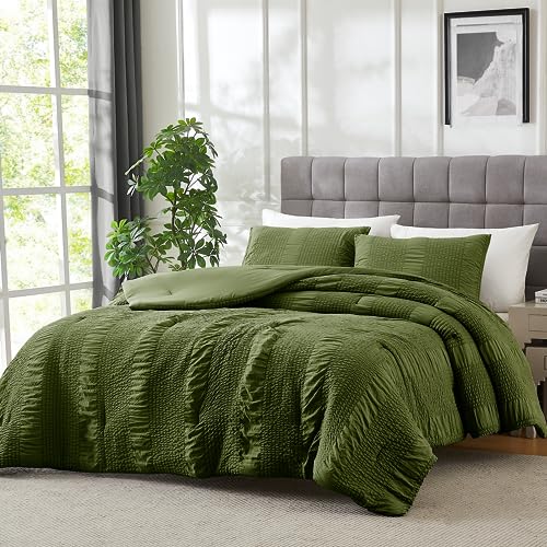 Seersucker Olive Green Twin size Comforter Set, 2 Pieces- Soft Washed Microfiber Sage Comforter with 1 Pillowcase sham, Fluffy Down Alternative Bedding Comforter Sets for All Season (68x90 inches)