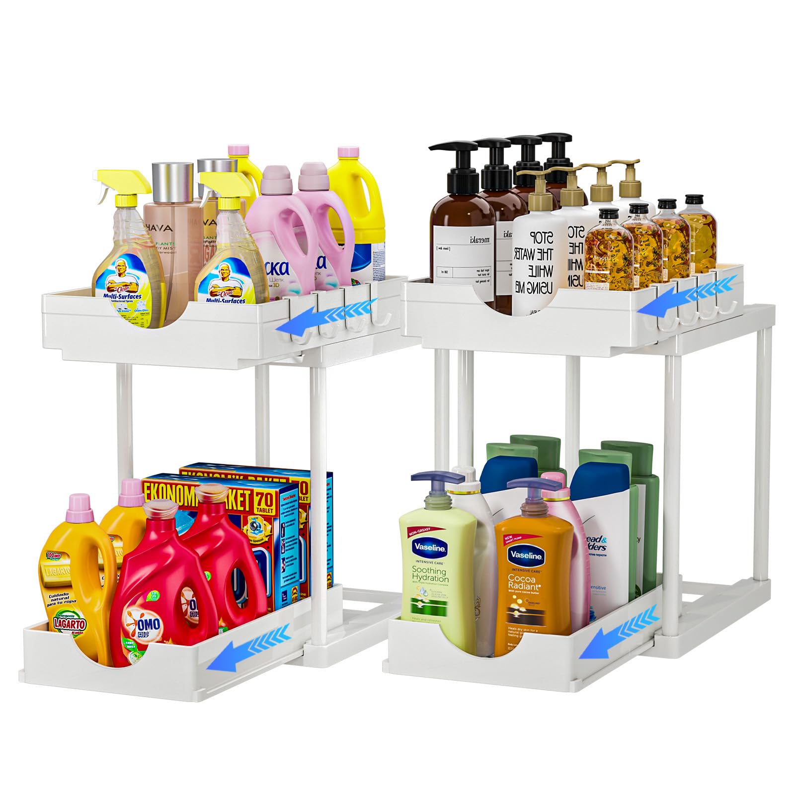 ARSTPEOE 2 Pack Double Sliding Under Sink Organizers and Storage,Two Tier Bathroom Storage and Organization,Under Cabinet Organizer with Hooks,Home Organization,White