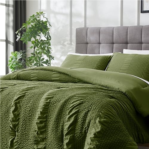 Seersucker Olive Green Twin size Comforter Set, 2 Pieces- Soft Washed Microfiber Sage Comforter with 1 Pillowcase sham, Fluffy Down Alternative Bedding Comforter Sets for All Season (68x90 inches)