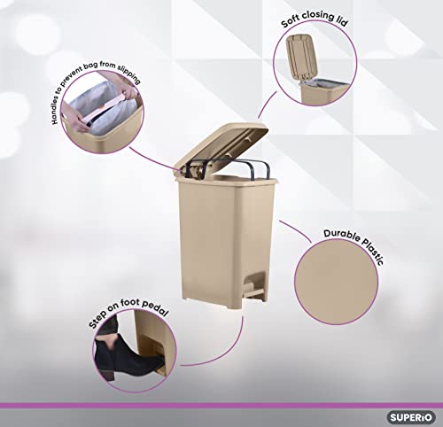 Superio Slim Step On Trash Can 6.5 Gallon, Beige Waste Bin with Foot Pedal Lid 26 Liter, Kitchen, Under Desk, Office, Bedroom, Bathroom