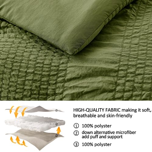 Seersucker Olive Green Twin size Comforter Set, 2 Pieces- Soft Washed Microfiber Sage Comforter with 1 Pillowcase sham, Fluffy Down Alternative Bedding Comforter Sets for All Season (68x90 inches)