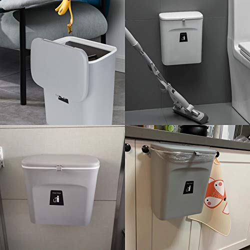 ZOEYES 2.4 Gal Hanging Trash Can for Kitchen Cabinet Door, Small Under Sink Hanging Garbage Can with Lid, Wall-Mounted Waste Bin for Bathroom Bedroom Office Kitchen (Gray)