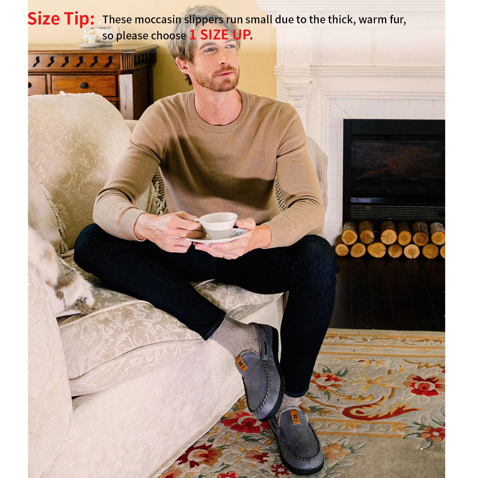 HomeTop Men's Moccasin Slippers Soft Faux Suede Plush Warm Lining Memory Foam Indoor House Shoes with Anti-Skid Sole (9, Grey)