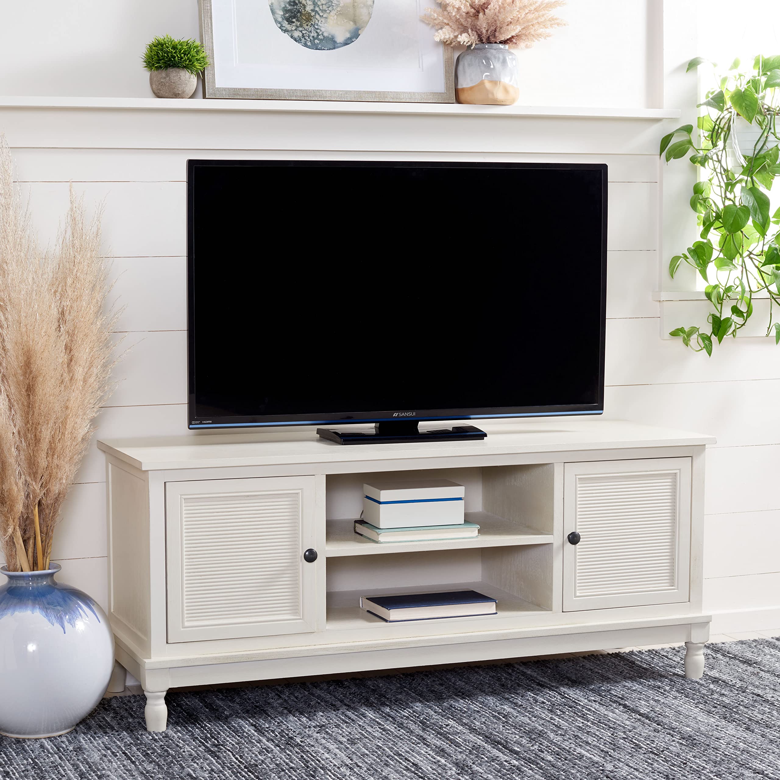 SAFAVIEH Home Collection Ryder Distressed White 2-Door 1-Shelf Entertainment Media Stand up to 55" Flatscreen TV