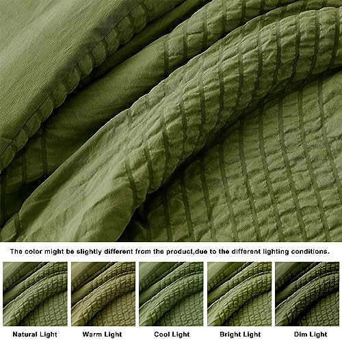 Seersucker Olive Green Twin size Comforter Set, 2 Pieces- Soft Washed Microfiber Sage Comforter with 1 Pillowcase sham, Fluffy Down Alternative Bedding Comforter Sets for All Season (68x90 inches)