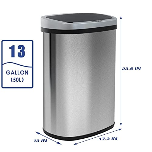 13 Gallon Stainless Steel Kitchen Trash Can with lid, Automatic Motion Sensor Garbage Trash Bin w/Toch-Free & Anti-Fingerprint Mute, for Home Office Bedroom, Powered by 4C Batteries (not Included)
