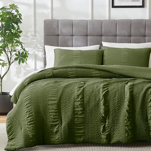 Seersucker Olive Green Twin size Comforter Set, 2 Pieces- Soft Washed Microfiber Sage Comforter with 1 Pillowcase sham, Fluffy Down Alternative Bedding Comforter Sets for All Season (68x90 inches)