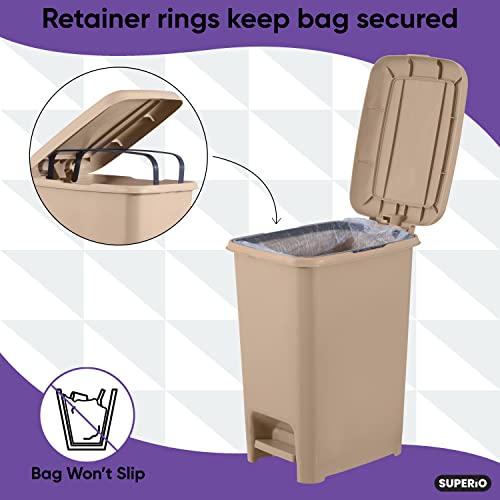 Superio Slim Step On Trash Can 6.5 Gallon, Beige Waste Bin with Foot Pedal Lid 26 Liter, Kitchen, Under Desk, Office, Bedroom, Bathroom